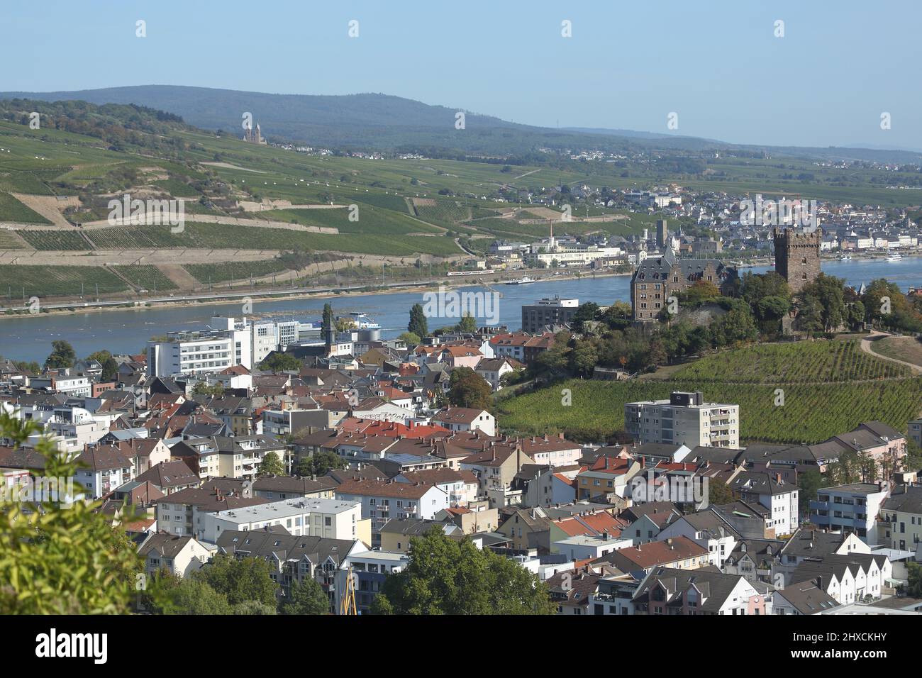 View of Bingen with Klopp Castle and Ruedesheim in Rheingau, Rhineland ...
