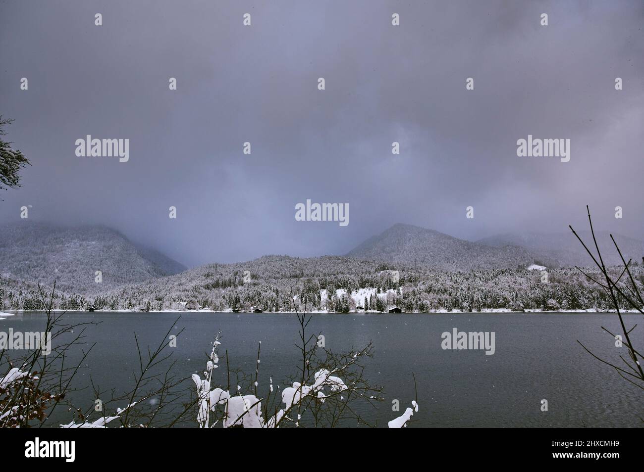 Bavarian landscape in winter, Walchensee lake in the foothills of the ...