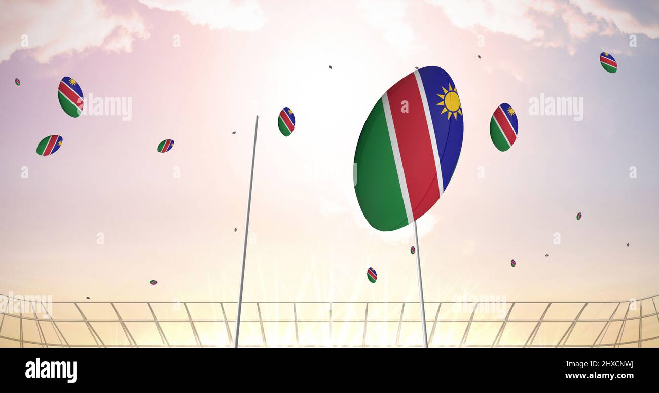 Image of rugby balls coloured with flag of namibia at stadium Stock ...