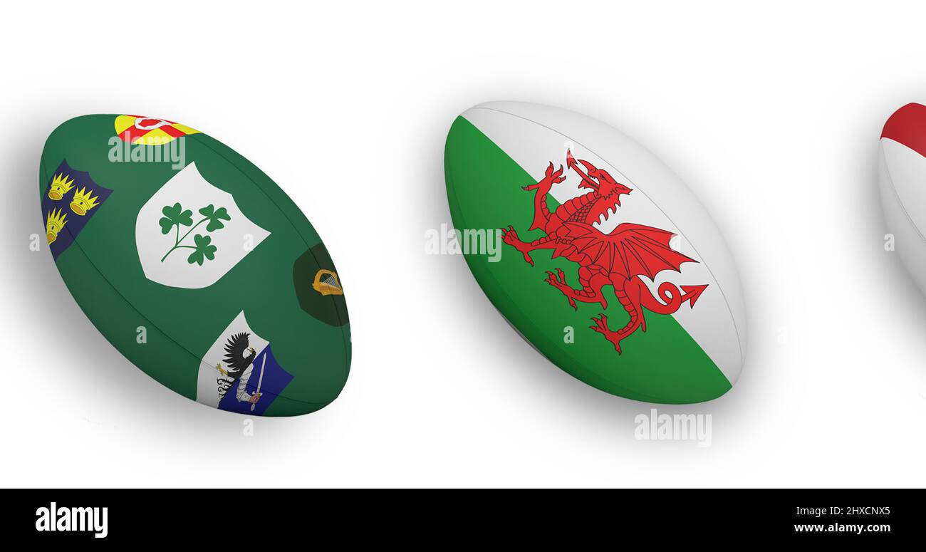 Image of rugby balls coloured with national flags over white background ...