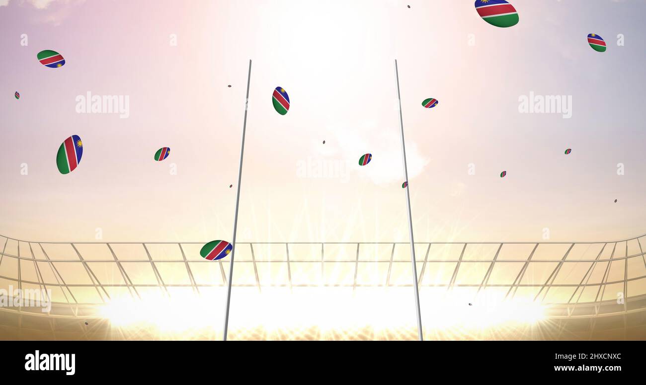 Image of rugby balls coloured with flag of namibia at stadium Stock ...