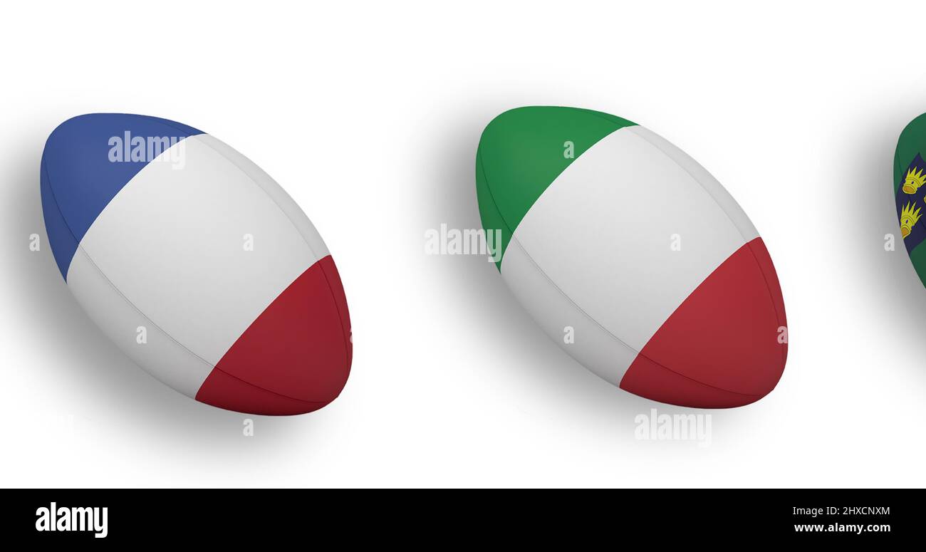 Image of rugby balls coloured with national flags over white background ...