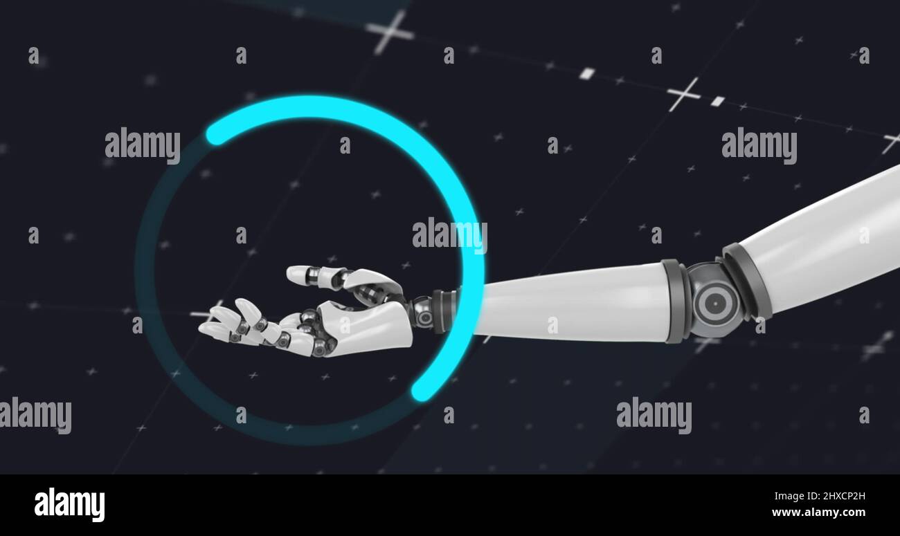 Image of blue circle and robotic arm on black background Stock Photo ...