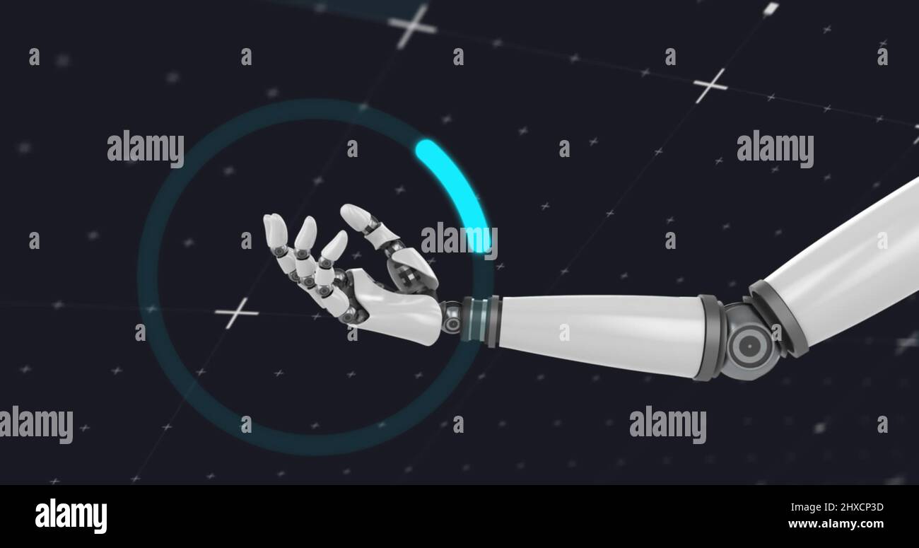 Image of blue circle and robotic arm on black background Stock Photo ...