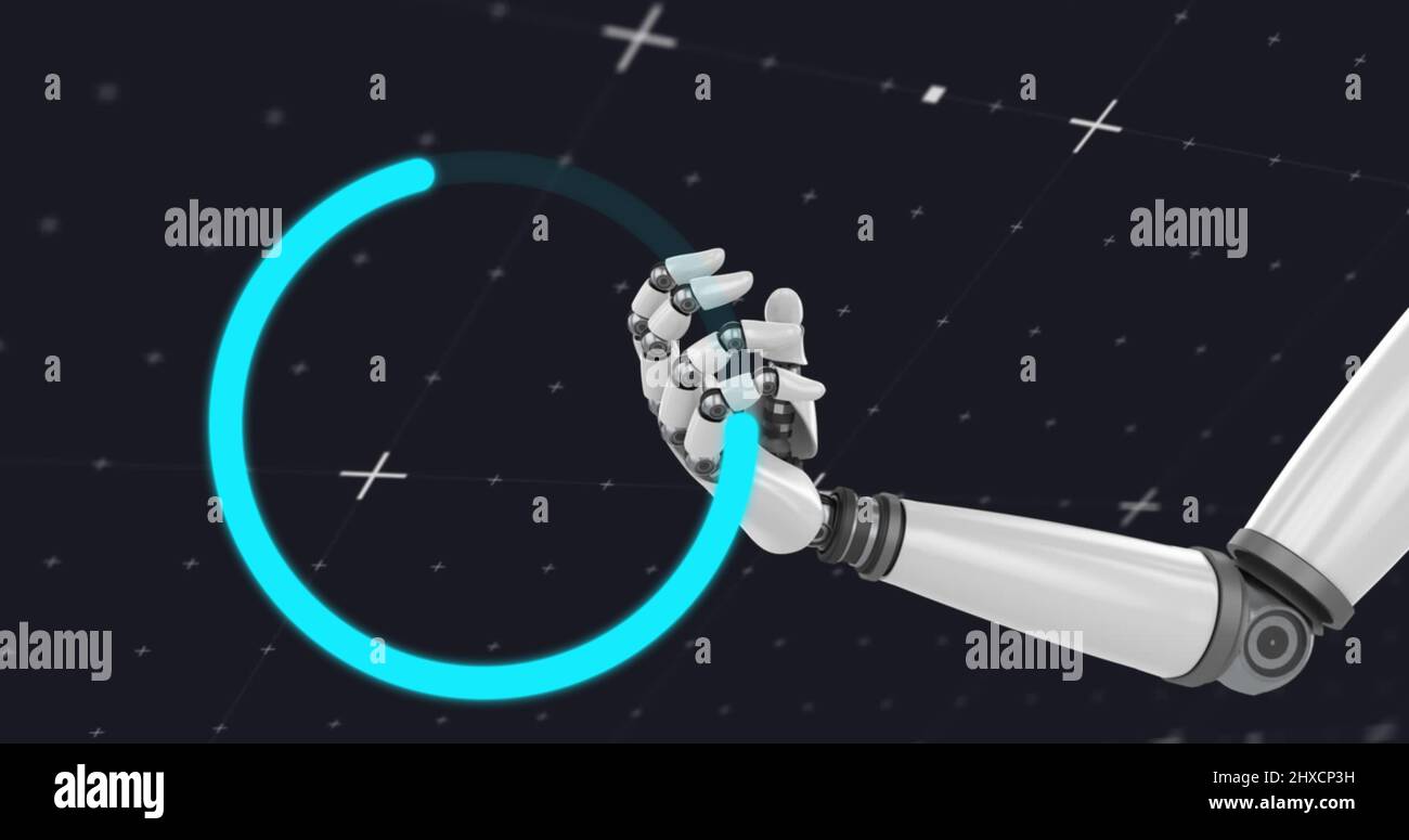 Image of blue circle and robotic arm on black background Stock Photo ...