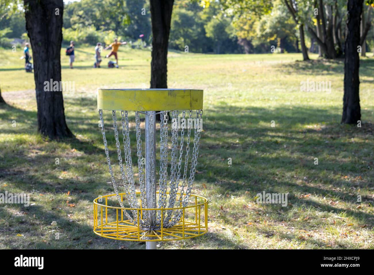 People playing flying disc golf sport game in the nature Stock Photo ...
