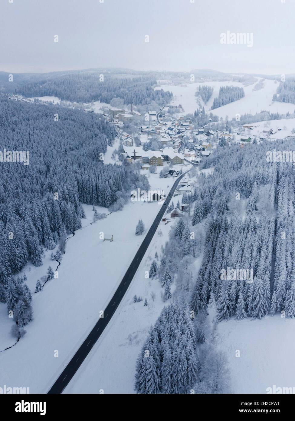 aerial photo of snow covered village Tettau Stock Photo - Alamy