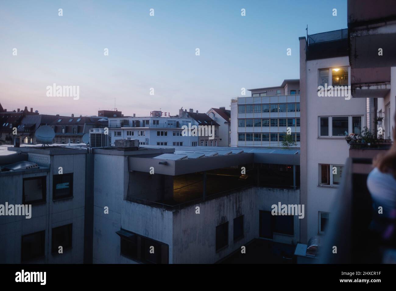 cityscape from balcony with hotel sign Stock Photo - Alamy