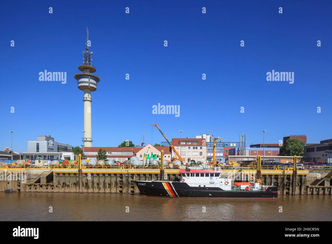 Modern architecture, directional radio tower and ship of the water ...