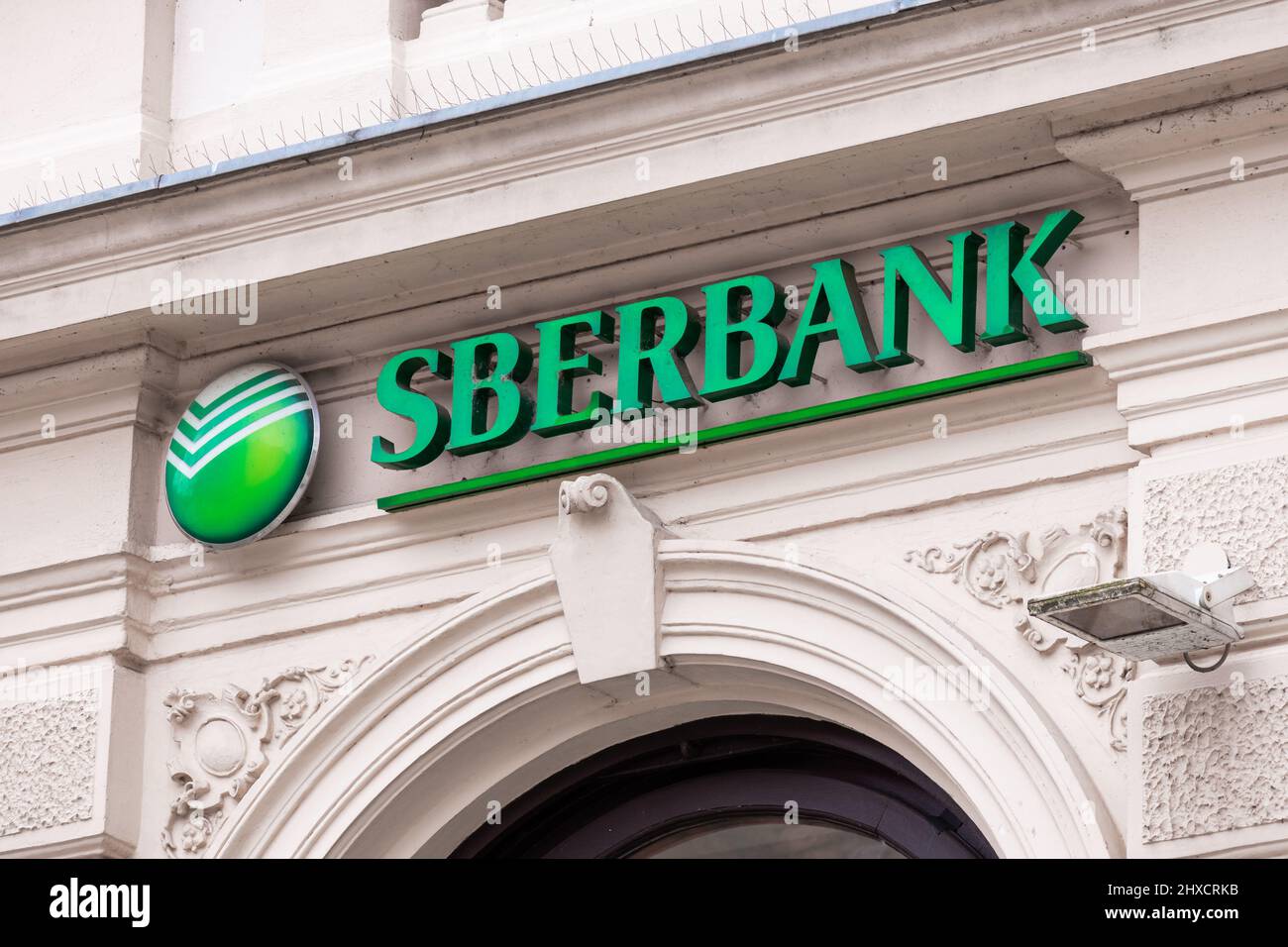 Slovenia, Ljubljana - March 6 2022: Sberbank logo on building. Russian ...