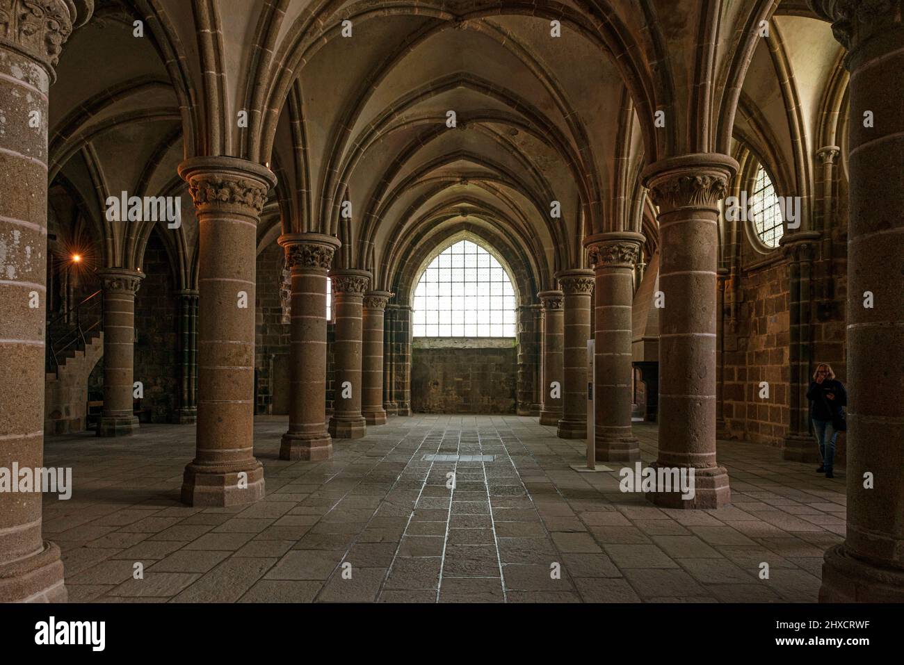 vaulted hall with columns in the abbey of Mont-Saint-Michel, Brittany ...