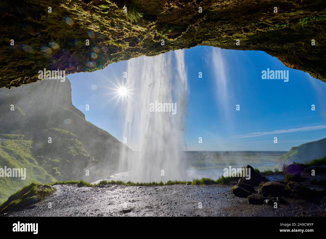 Waterfall, sun, summer, Seljalandsfoss, Storidalur, Sudurland, SuÃ°urnes, Iceland Stock Photo ...