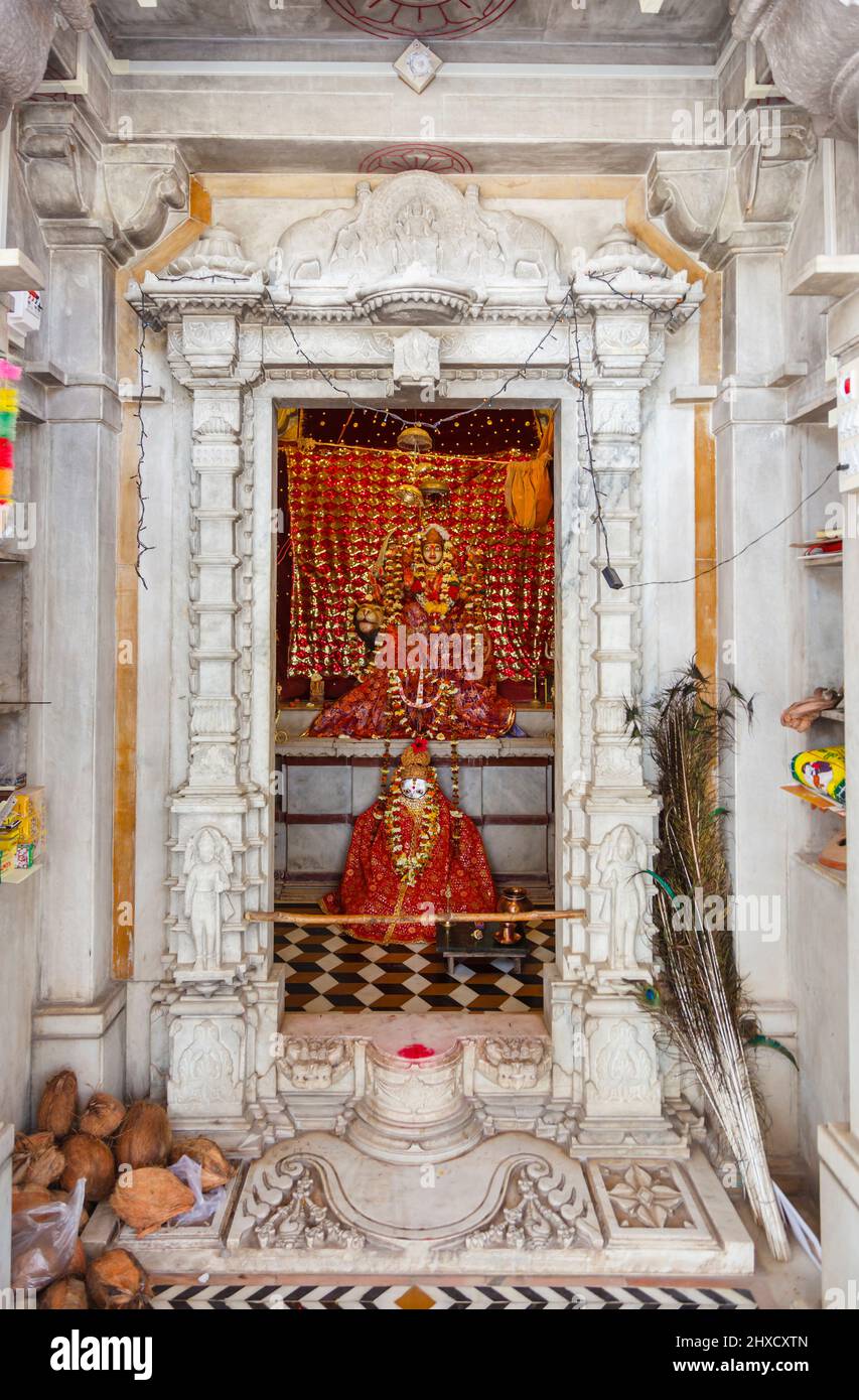 Altar to the goddess Durga in a small Hindu temple near Kumbhalgarh ...