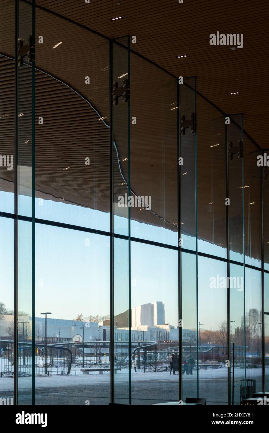Helsinki Finland, december 2021. Architectural detail of the Oodi ...