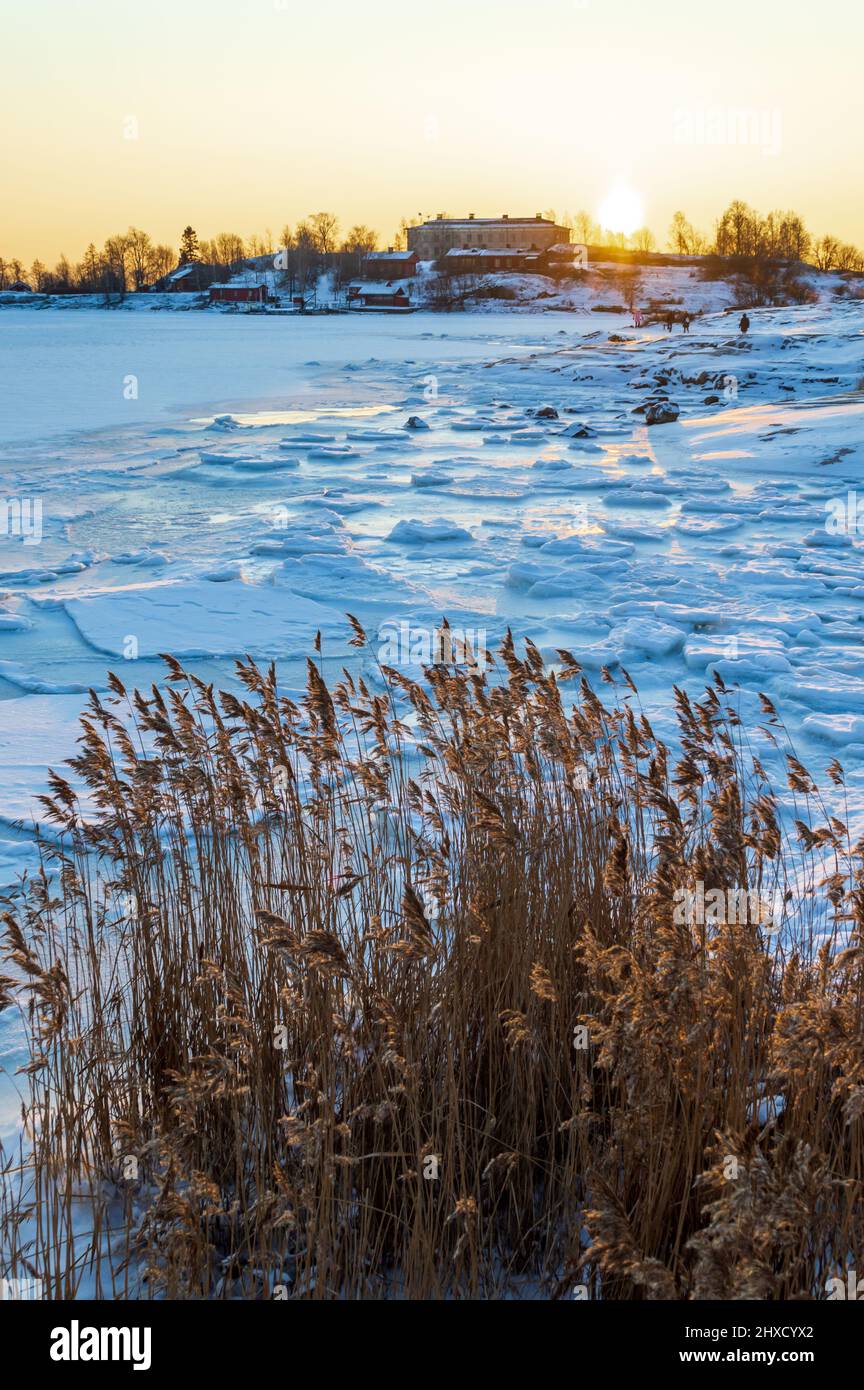 Frozen coastline and ocean in Helsinki, Finland in winter time. Here we ...
