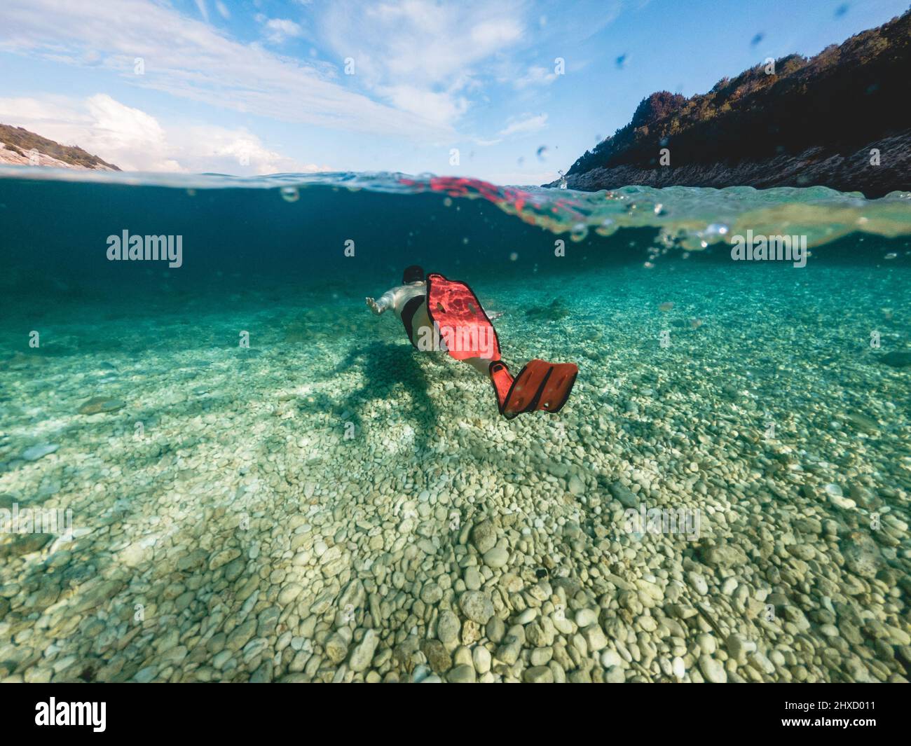 man in diving mask snorkeling in sea water greece vacation Stock Photo ...