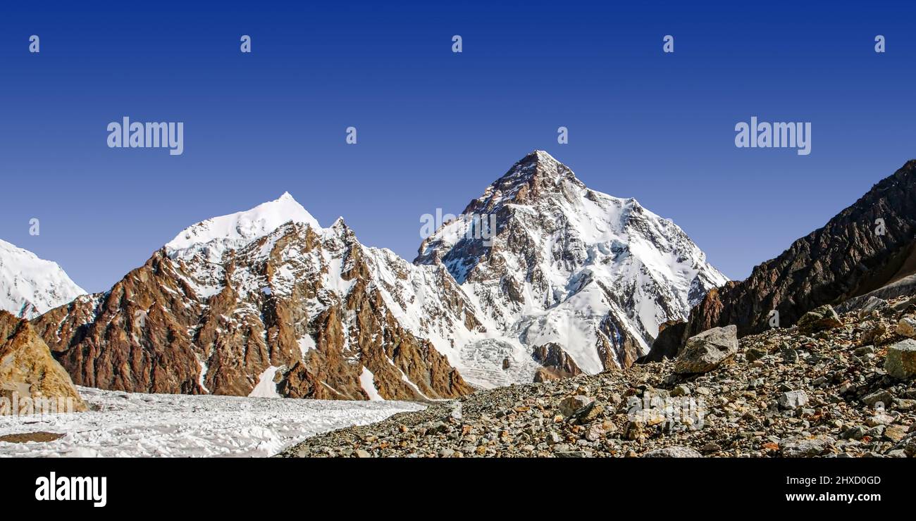 View of the K2 peak 8,611 m above sea level in the Gilgit-Baltistan ...
