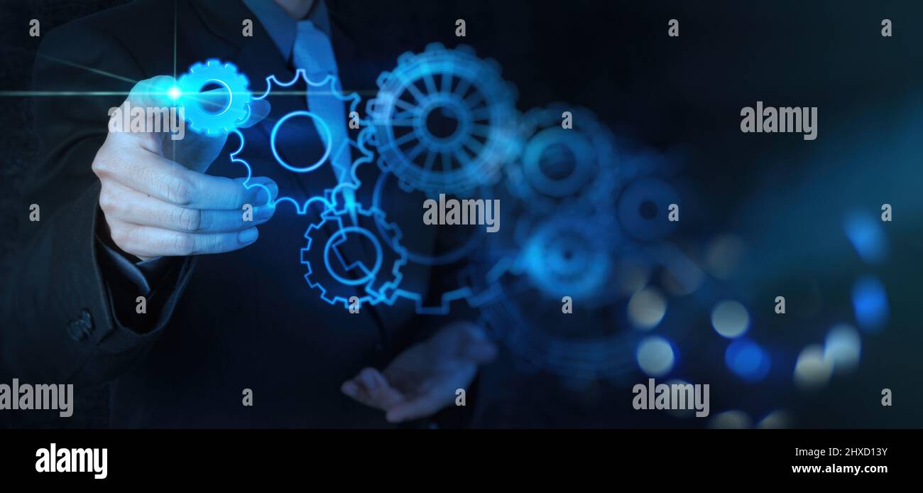businessman hand touch blue 3d innovation connect gear to future ...