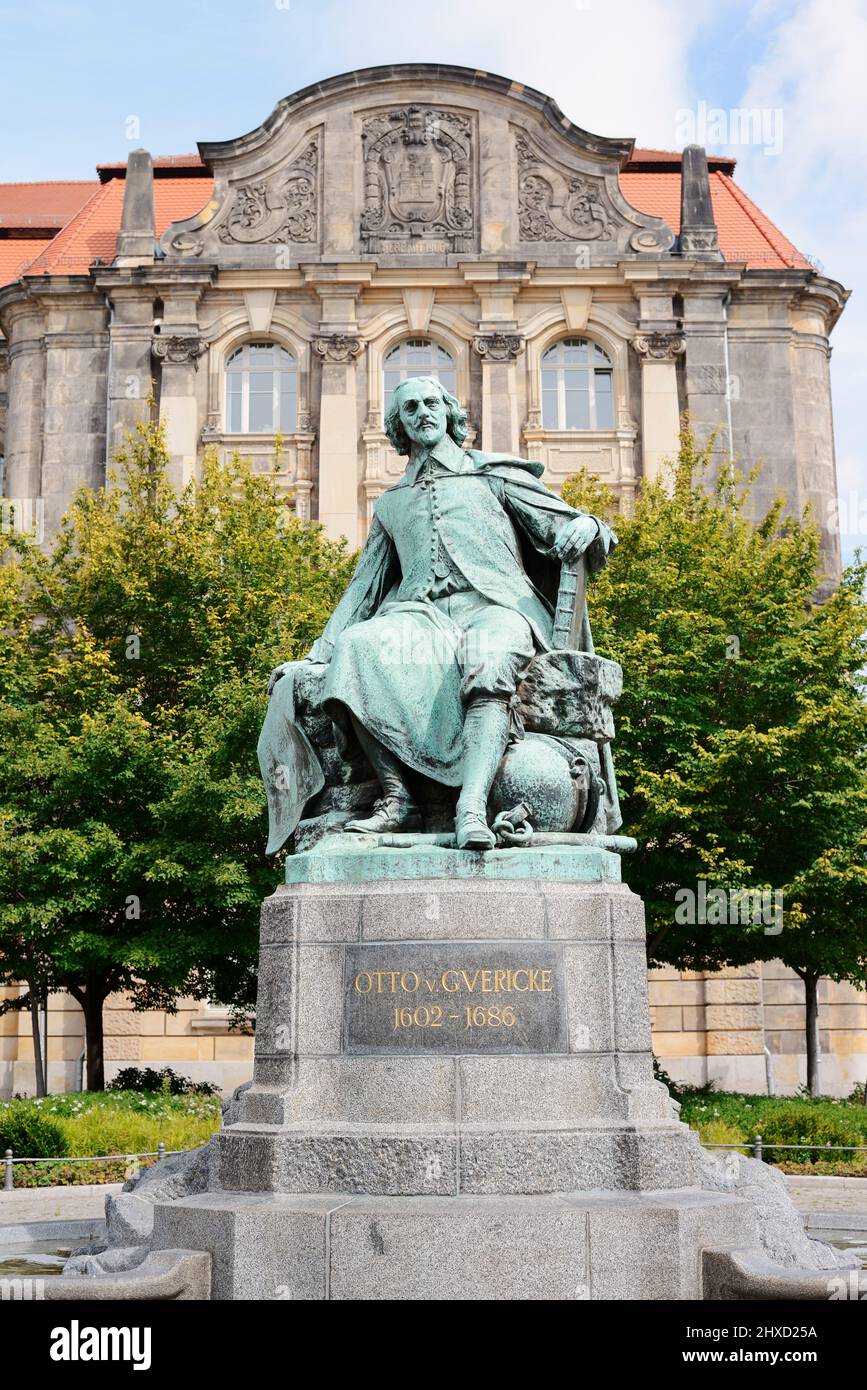 Otto von Guericke monument in front of the new city hall, Magdeburg, Saxony-Anhalt, Germany ...
