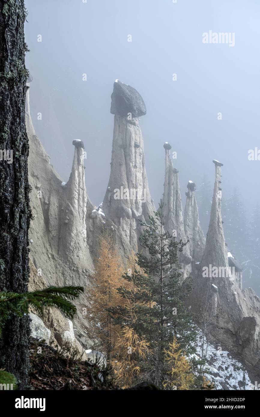 Percha, Province of Bolzano, South Tyrol. Italy. The first autumn snow ...