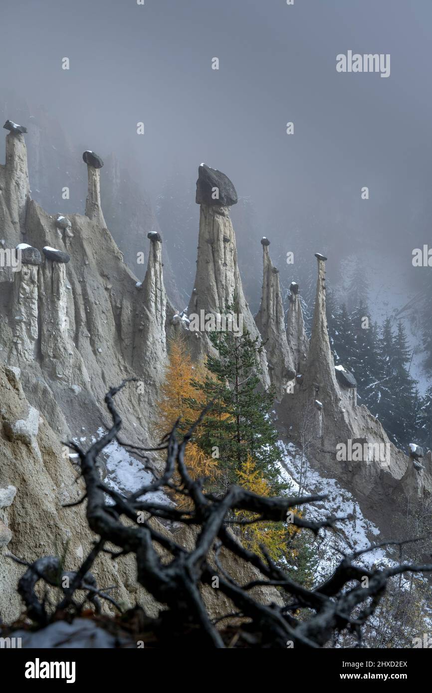 Percha, Province of Bolzano, South Tyrol. Italy. The first autumn snow ...