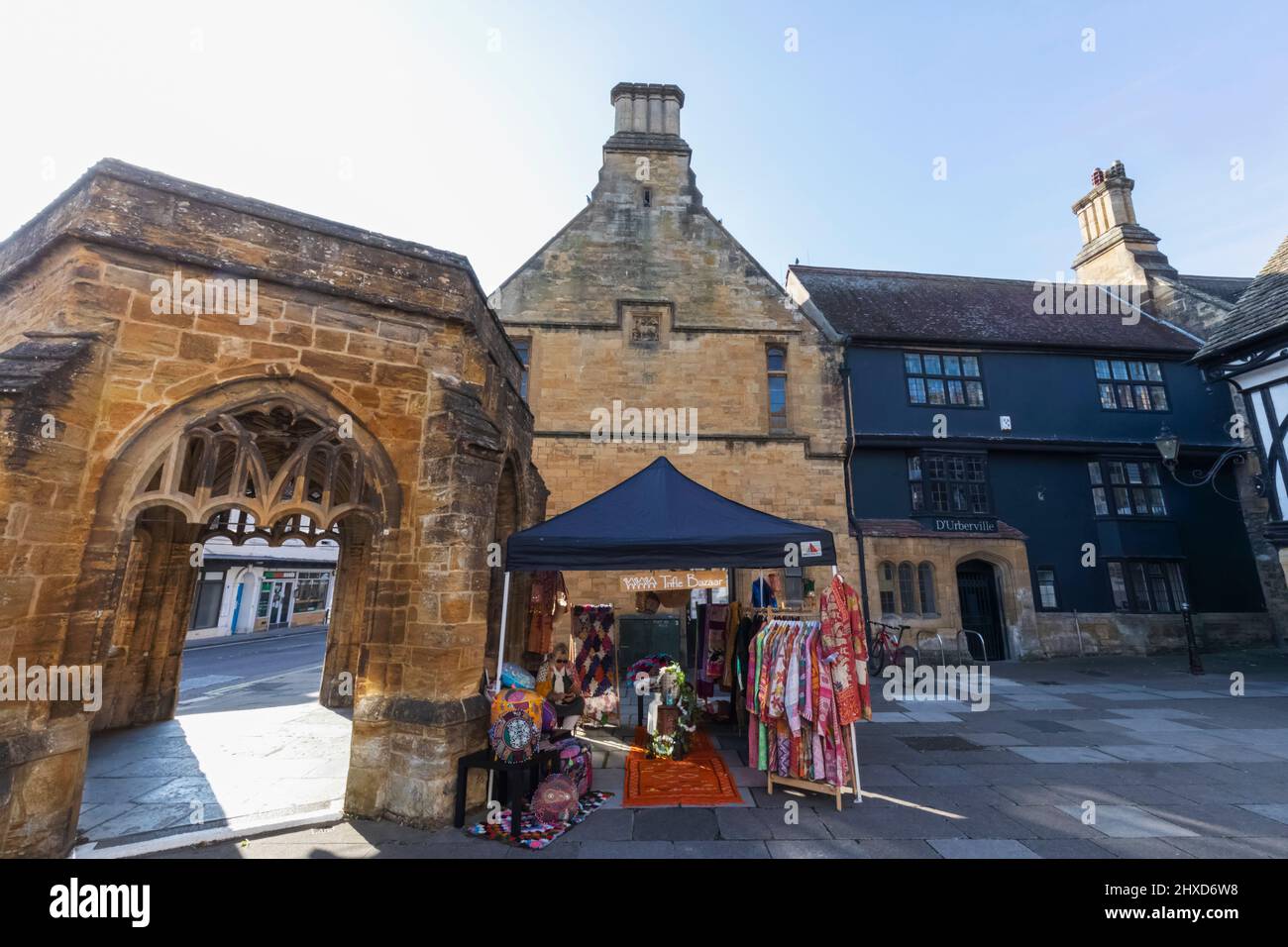 England, Dorset, Sherborne, Colourful Market Day Stall and The Conduit ...