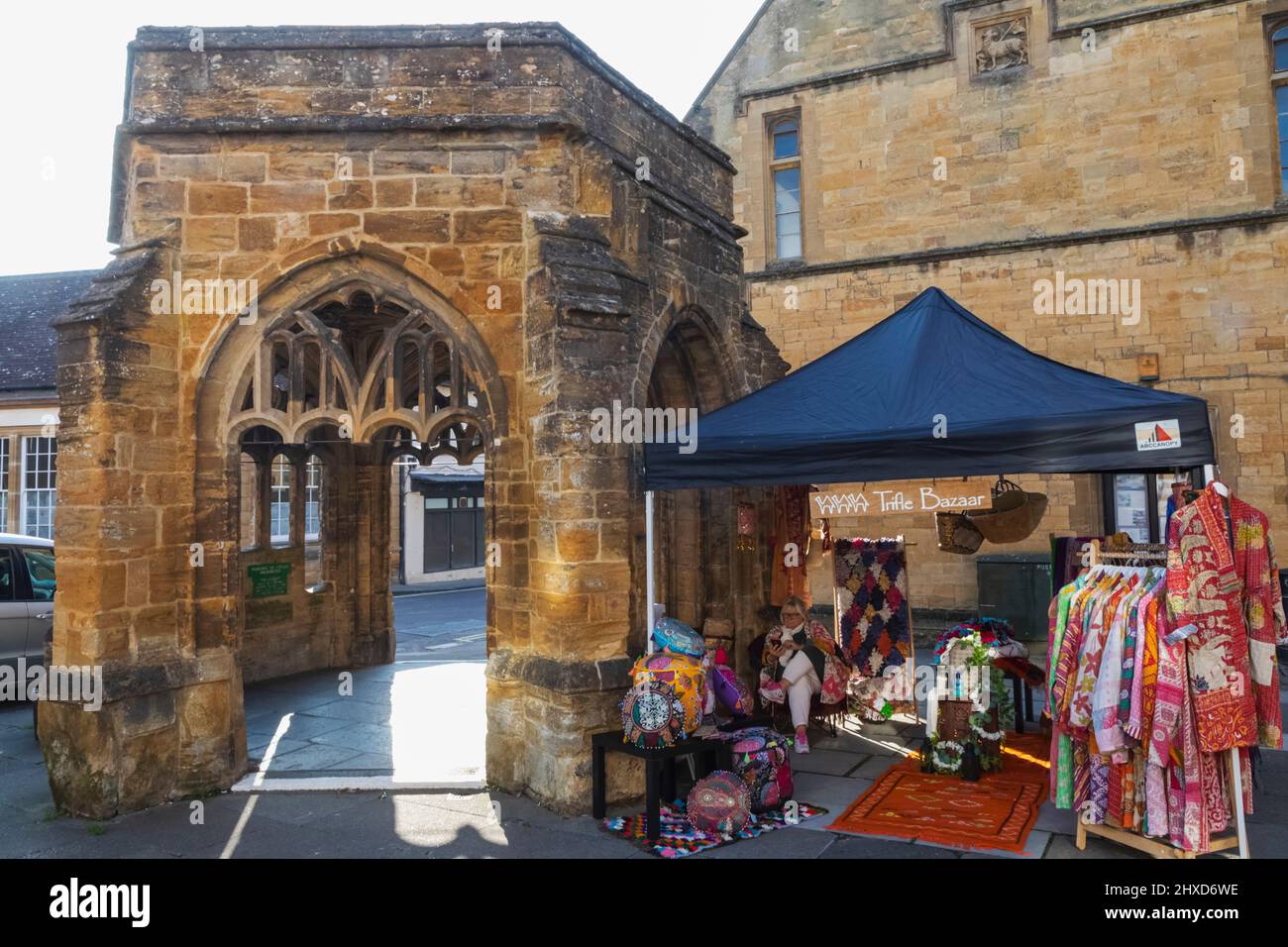 England, Dorset, Sherborne, Colourful Market Day Stall and The Conduit ...