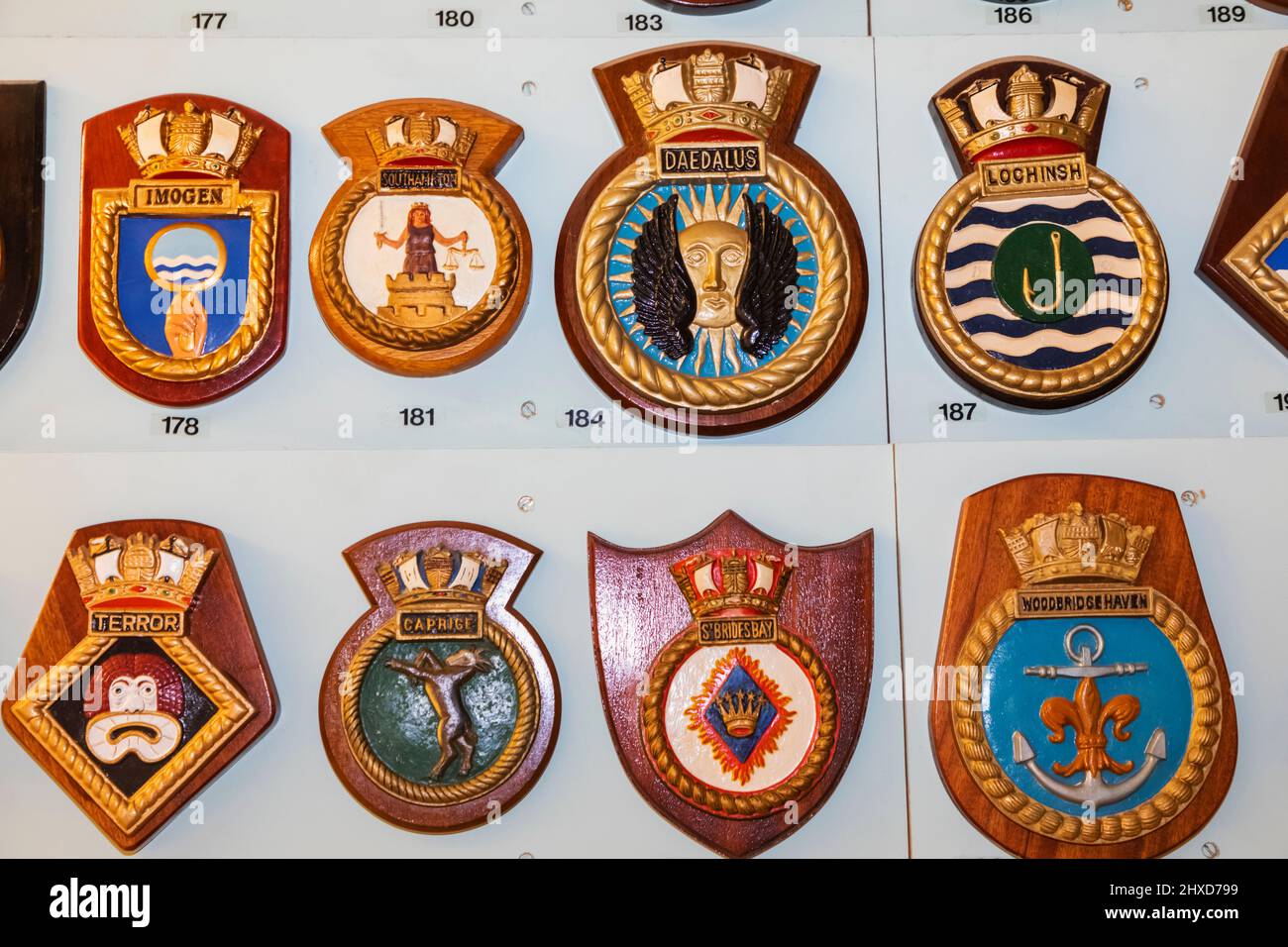 England, Dorset, Weymouth, Nothe Fort, Display of Royal Navy Crests ...