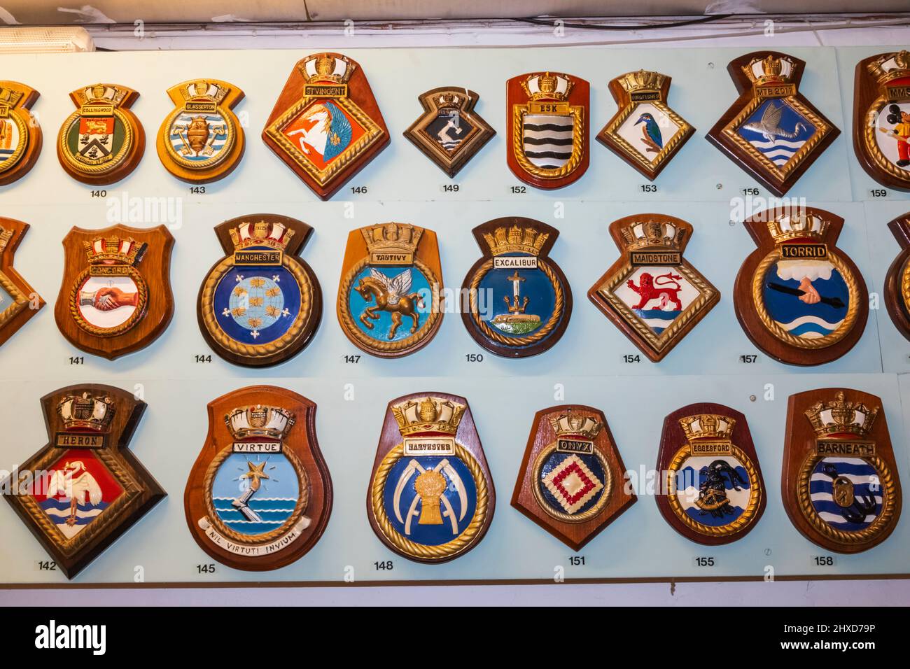 England, Dorset, Weymouth, Nothe Fort, Display of Royal Navy Crests ...