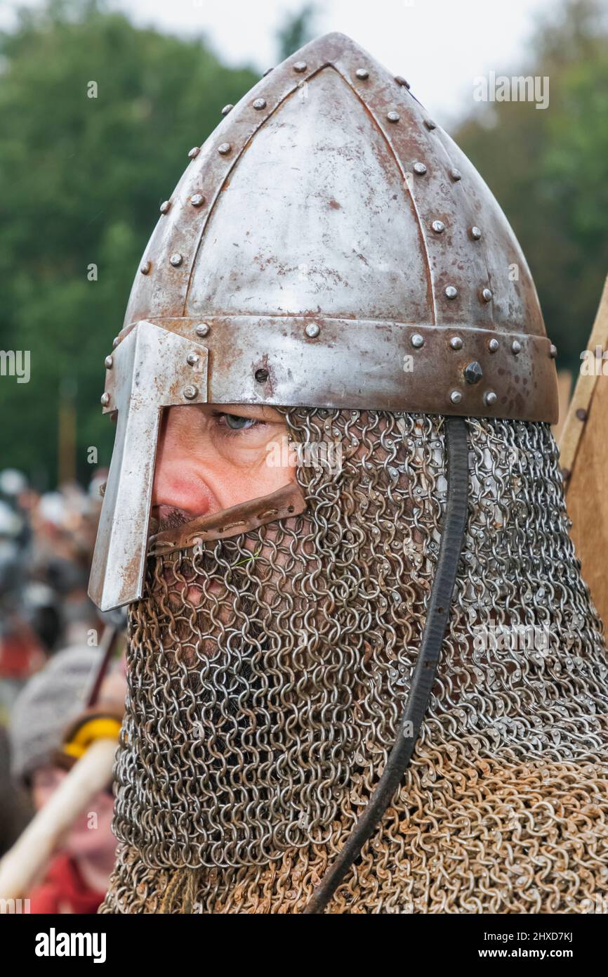 Portrait of male participant dressed in medieval saxon armour hi-res ...