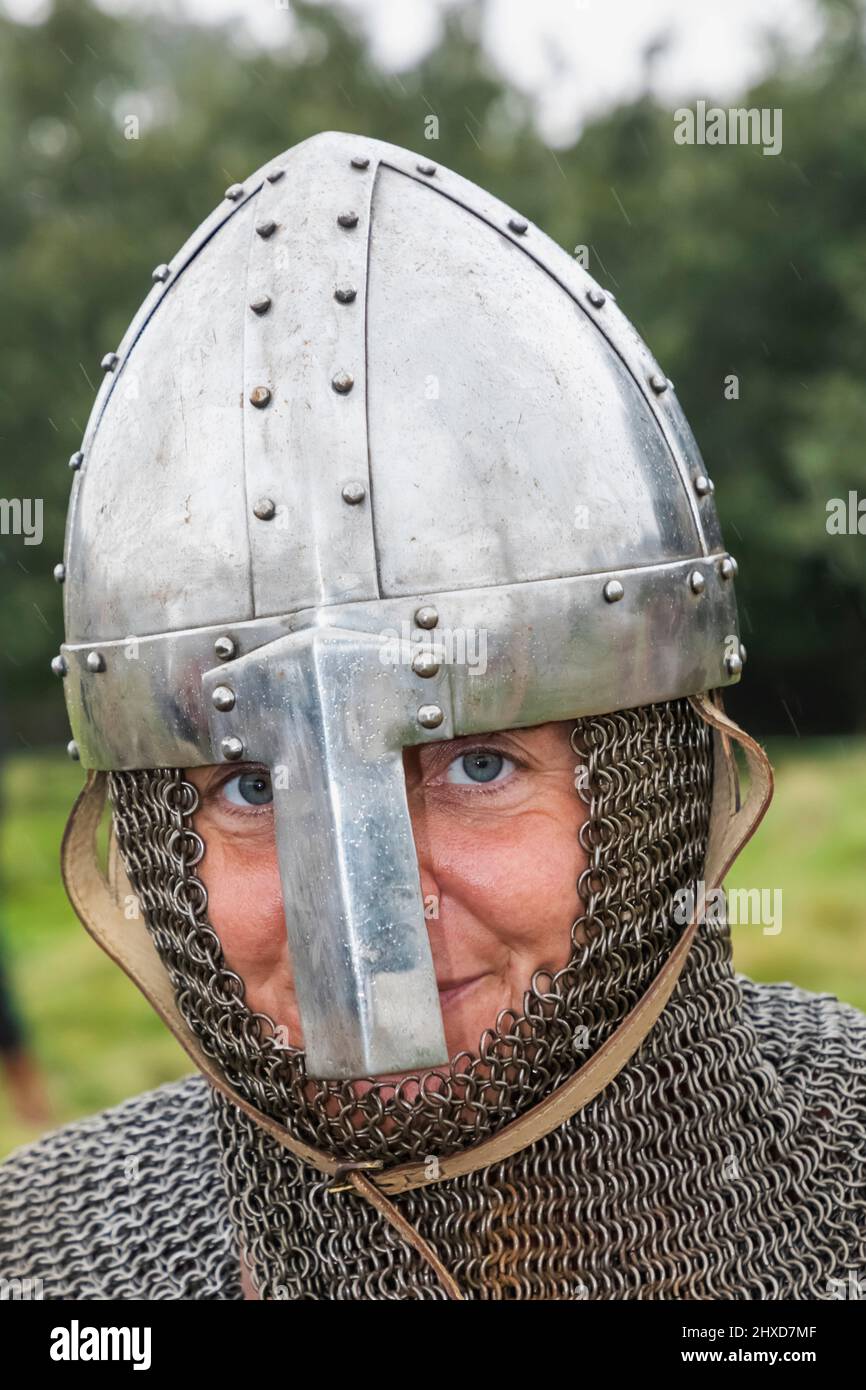 Portrait of female participant dressed in medieval saxon armour hi-res ...