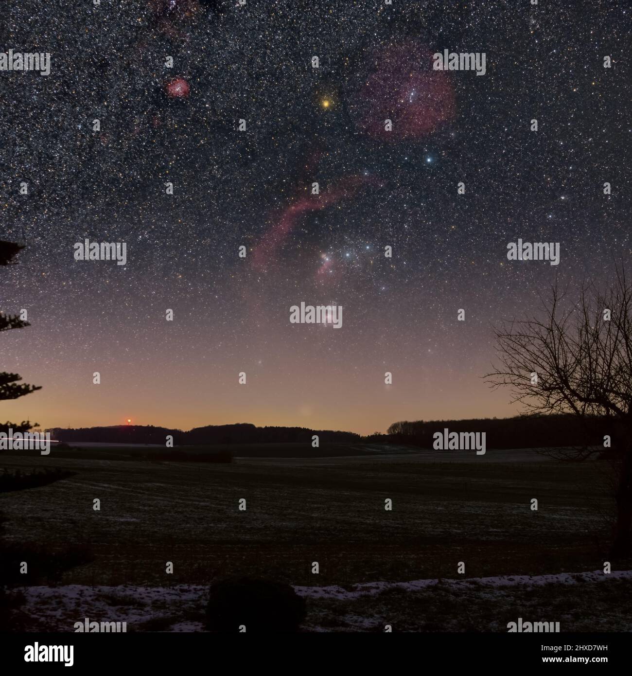 Constellation of Orion with its nebulae on the starry night sky over ...