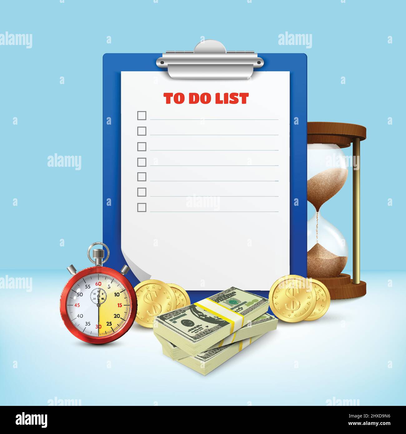 Time management composition with blank task list notepad page clock ...
