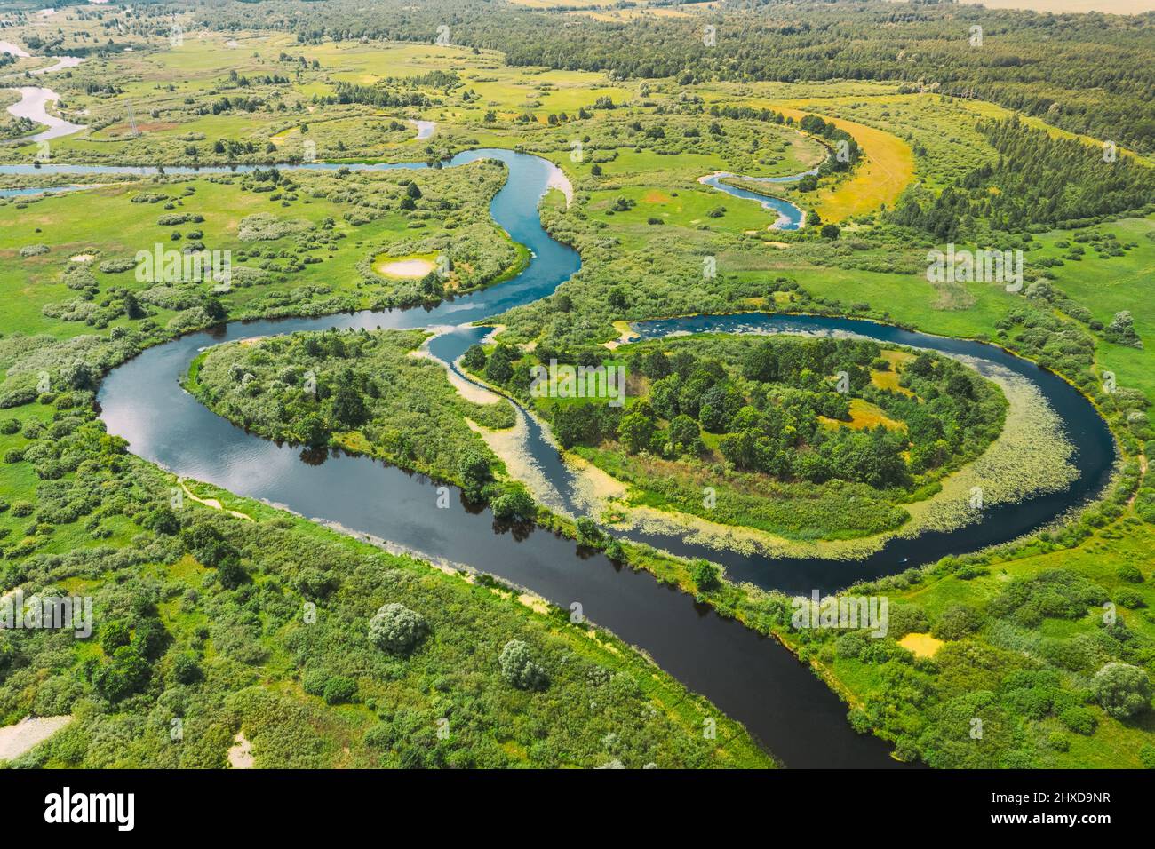Aerial View Green Forest Woods And River Landscape In Sunny Spring ...