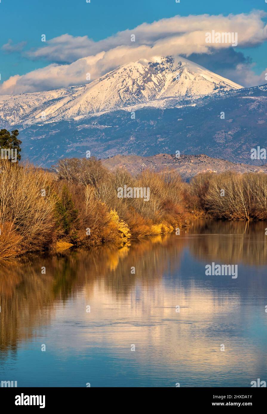 Kissavos (also known as "Ossa") mountain, reflected on the surface of ...