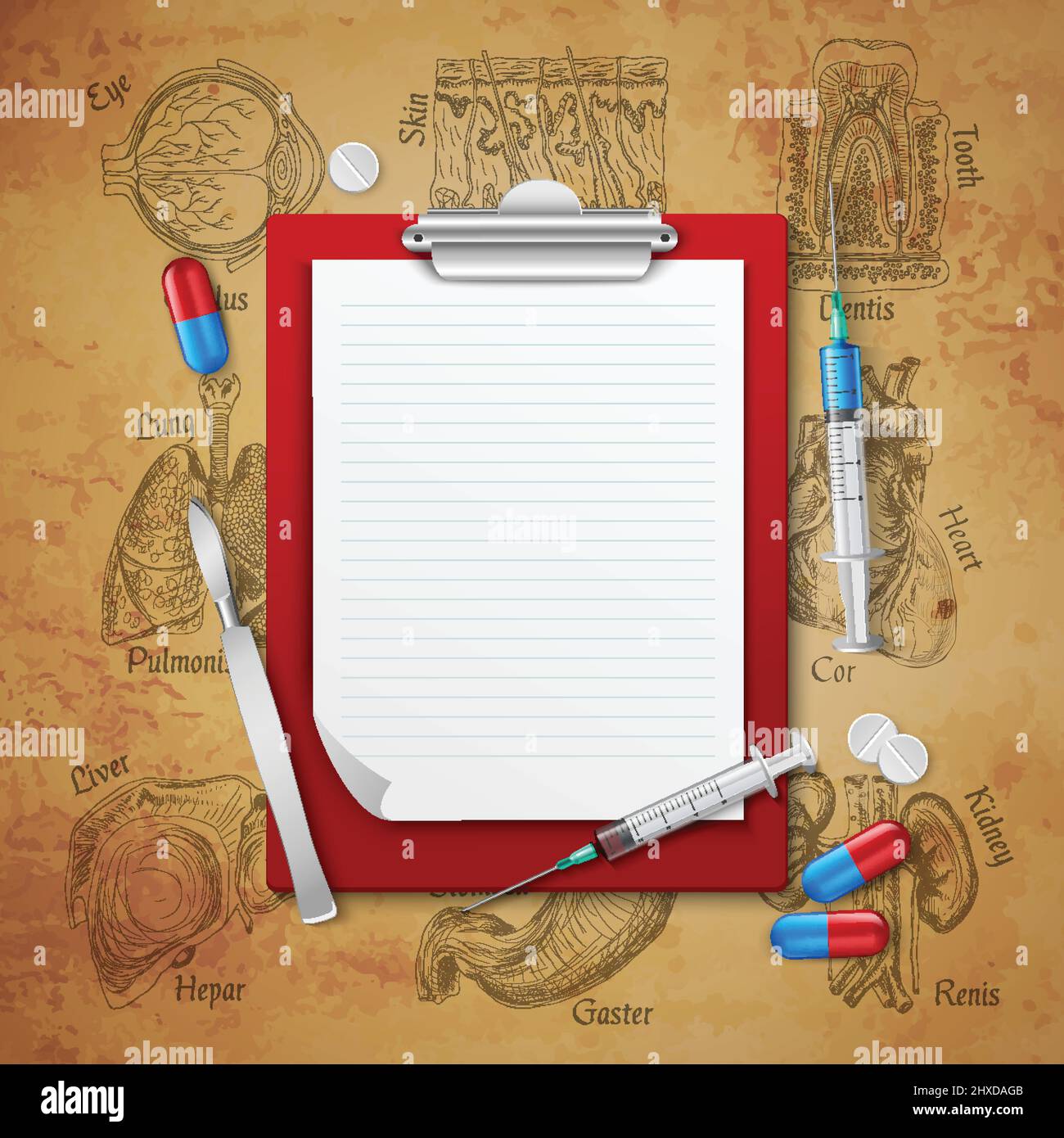 Composition with realistic medical tools syringe lancet pills and blank ...