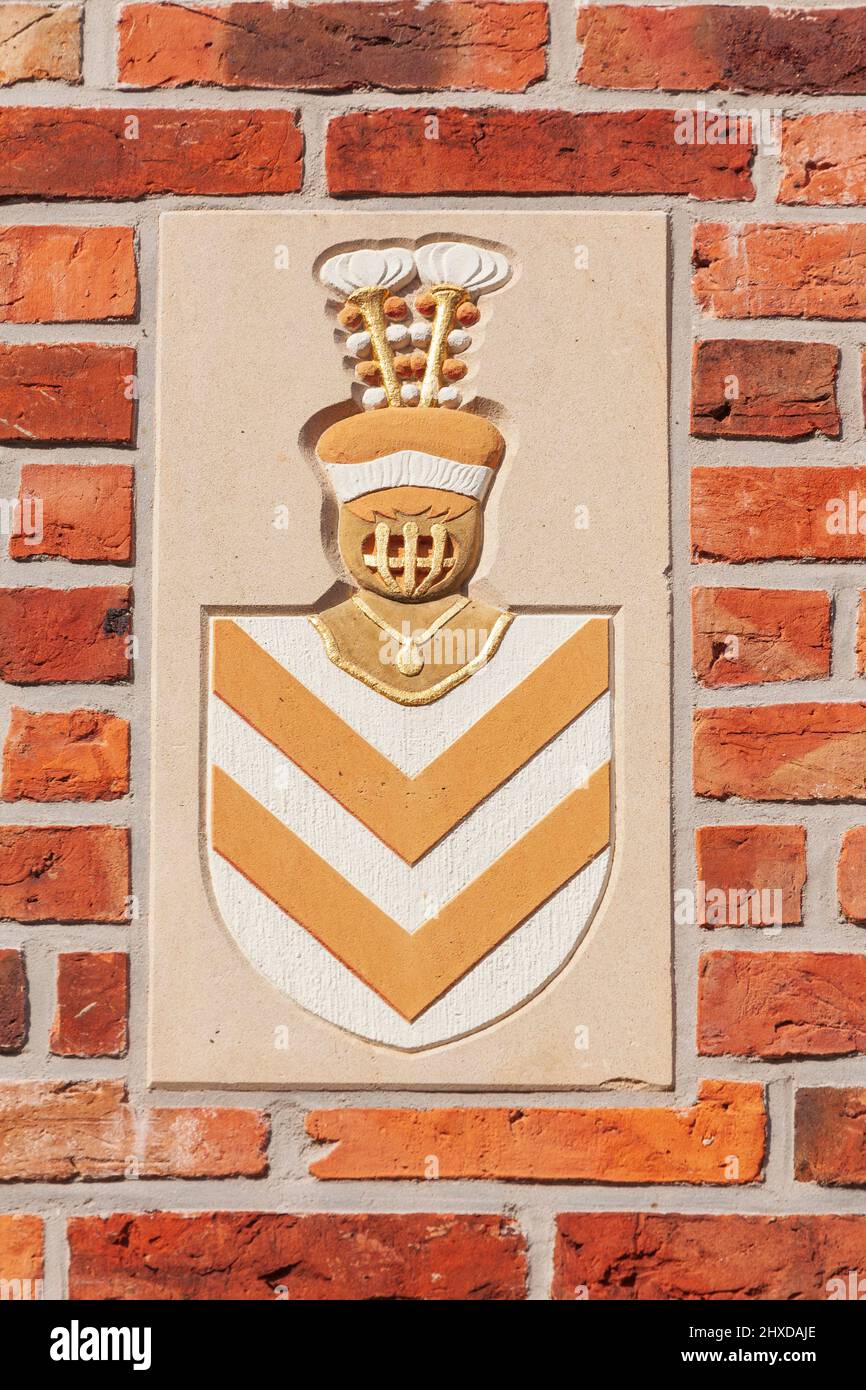 Coat of arms on a half-timbered house, Hude, Lower Saxony, Germany ...