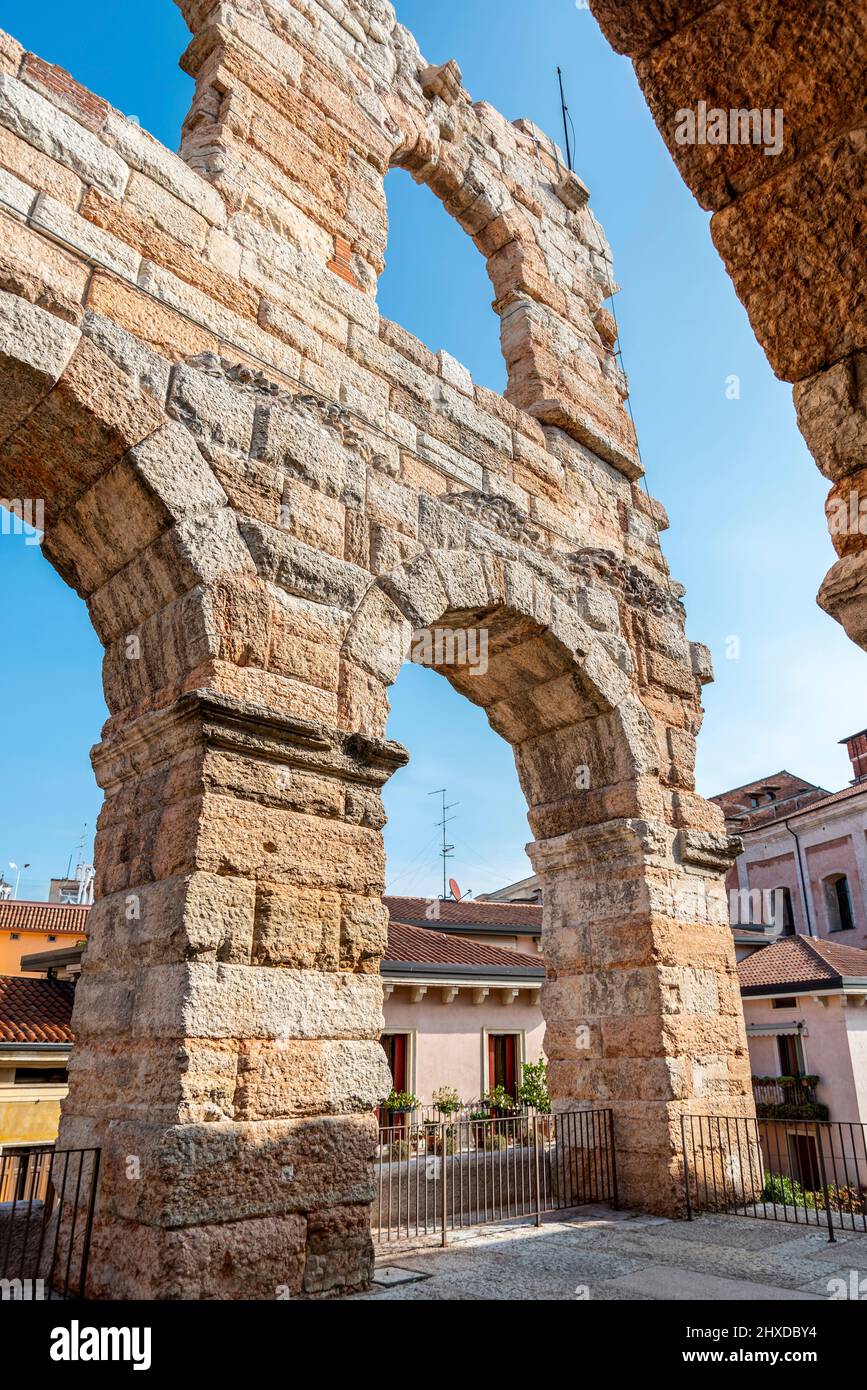 Scenic facade of the ancient roman Arena in Verona, Italy Stock Photo ...