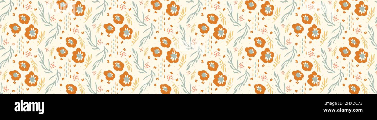 Pastel boho flowers seamless border pattern in trendy ditsy wildflower ...