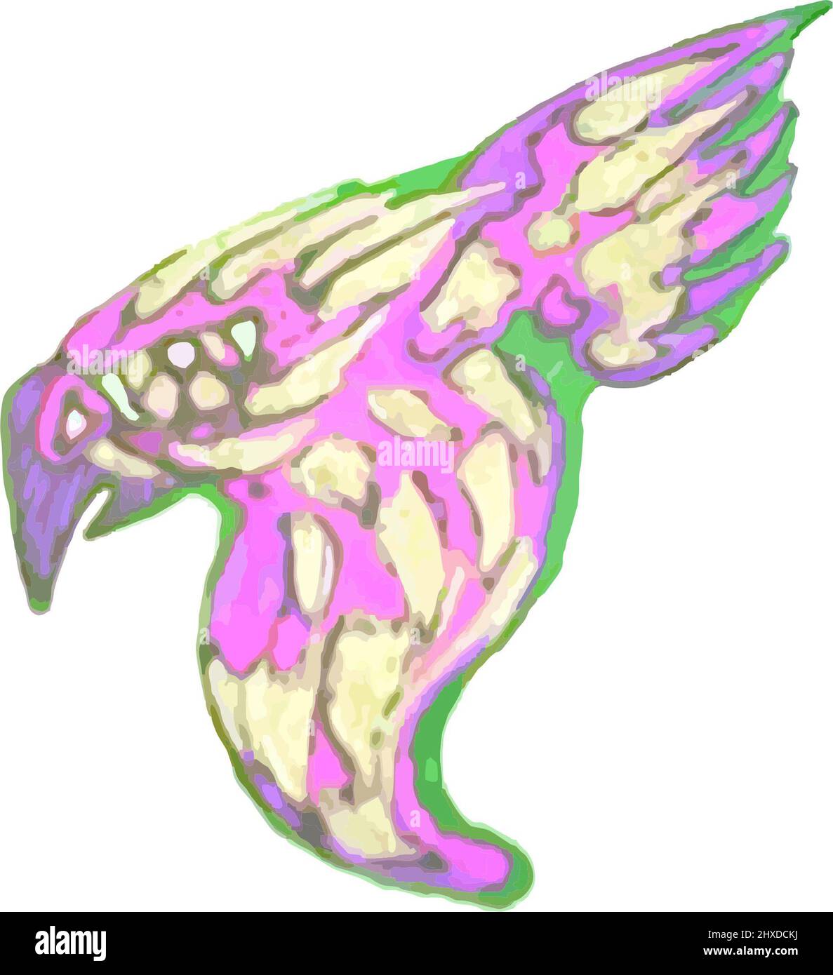 Parrot symbol in pink-green-golden tonality on white. Grunge parrot ...