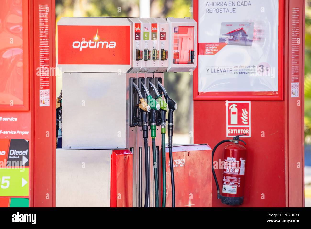Huelva, Spain - March 6, 2022: Petrol pump at a Cepsa gas station ...