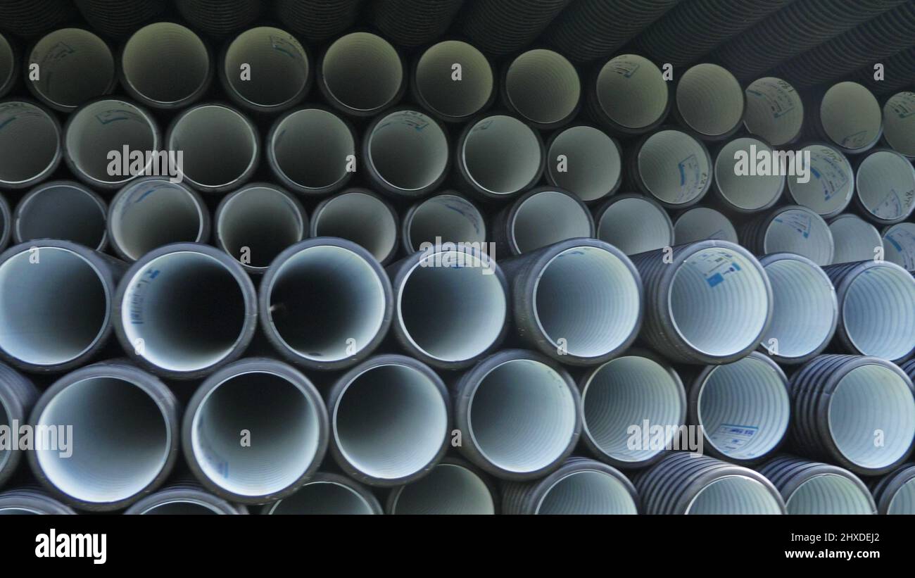 Warehouse of finished plastic pipes industrial outdoors storage site ...