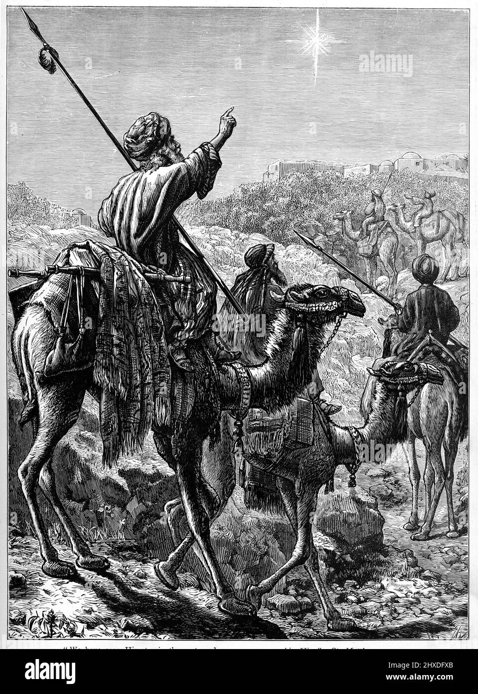 Engraving of the wise men from the east following the star to Bethlehem ...