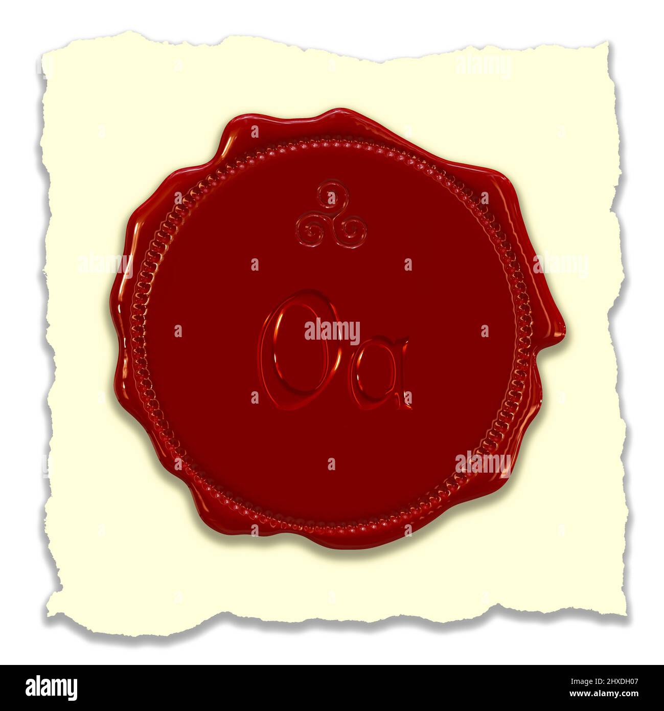 Red wax seal with the two capital letters OA , celtic Stock Photo - Alamy