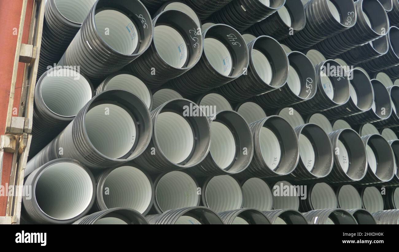 Warehouse of finished plastic pipes industrial outdoors storage site ...