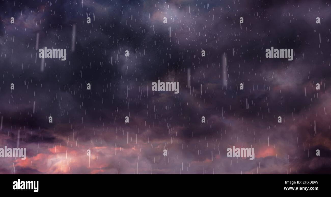 Image of heavy rain falling over lightning and stormy clouds background ...