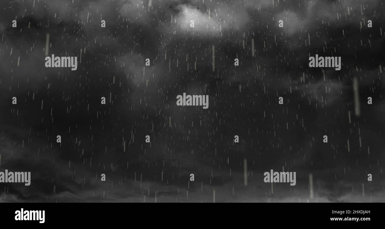 Image of heavy rain falling over lightning and stormy grey clouds ...