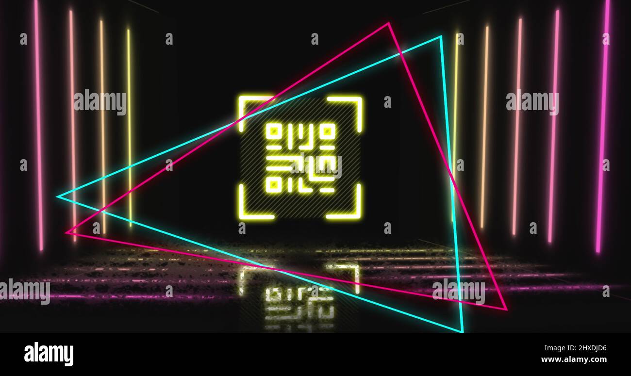 Image of glowing qr code over neon geometric shapes Stock Photo - Alamy