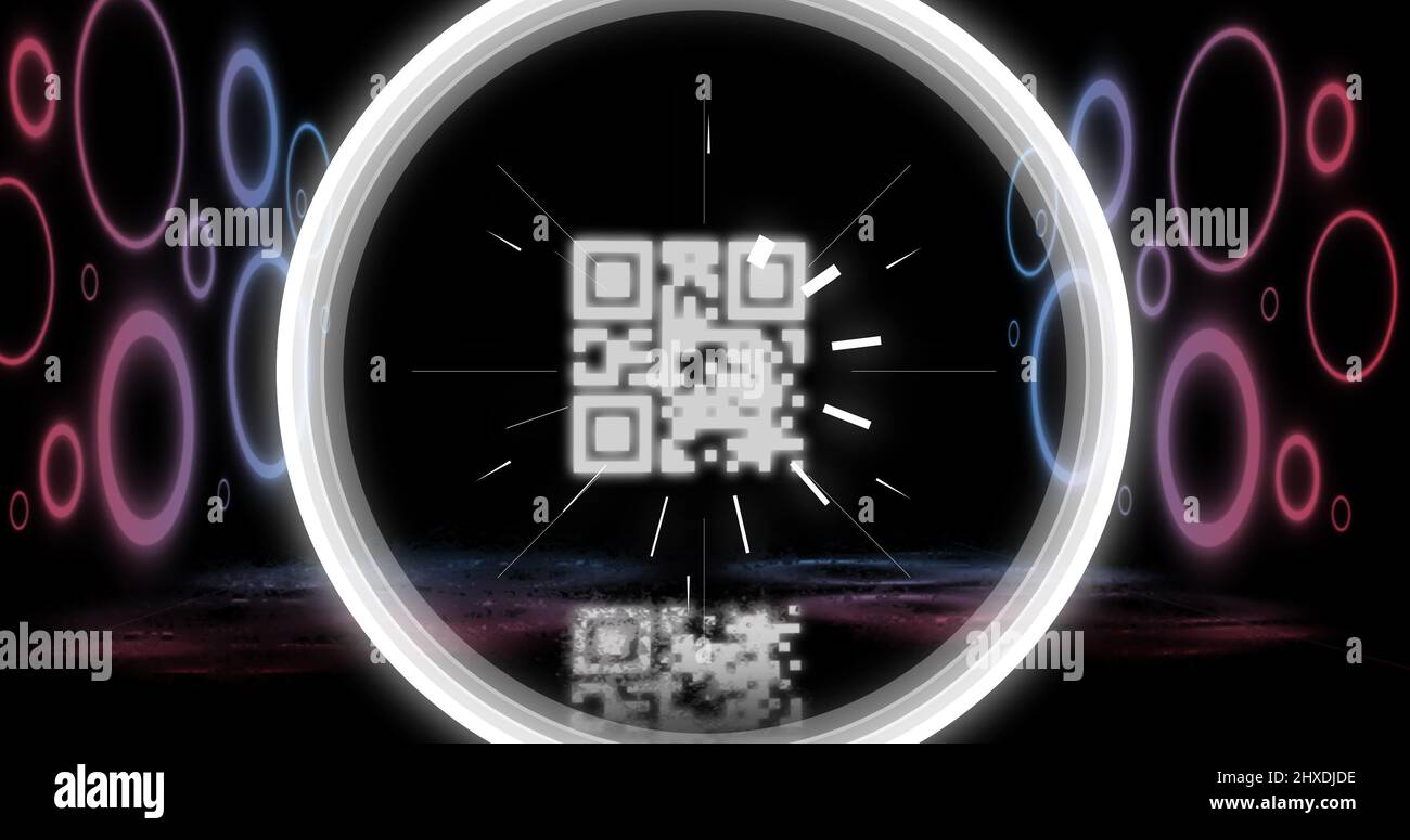Image of glowing qr code over neon circles Stock Photo - Alamy