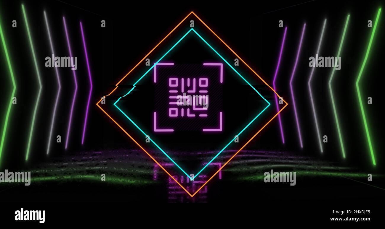 Image of glowing qr code over neon geometric shapes Stock Photo - Alamy